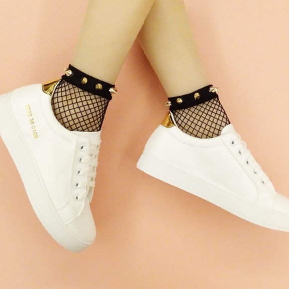 Accessories | Edgy Gold Studded Black Fishnet Mesh Ankle Socks | Poshmark